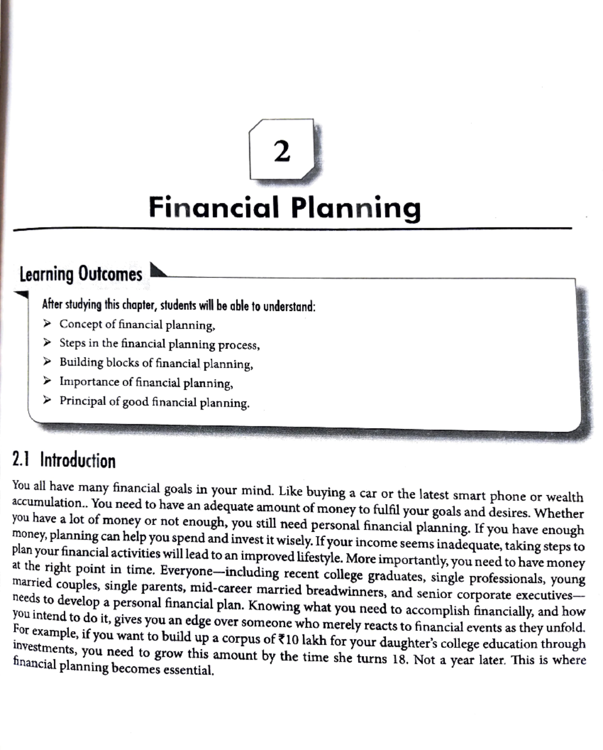 Financial Planning - 2 Financial Planning Learning Outcomes After ...