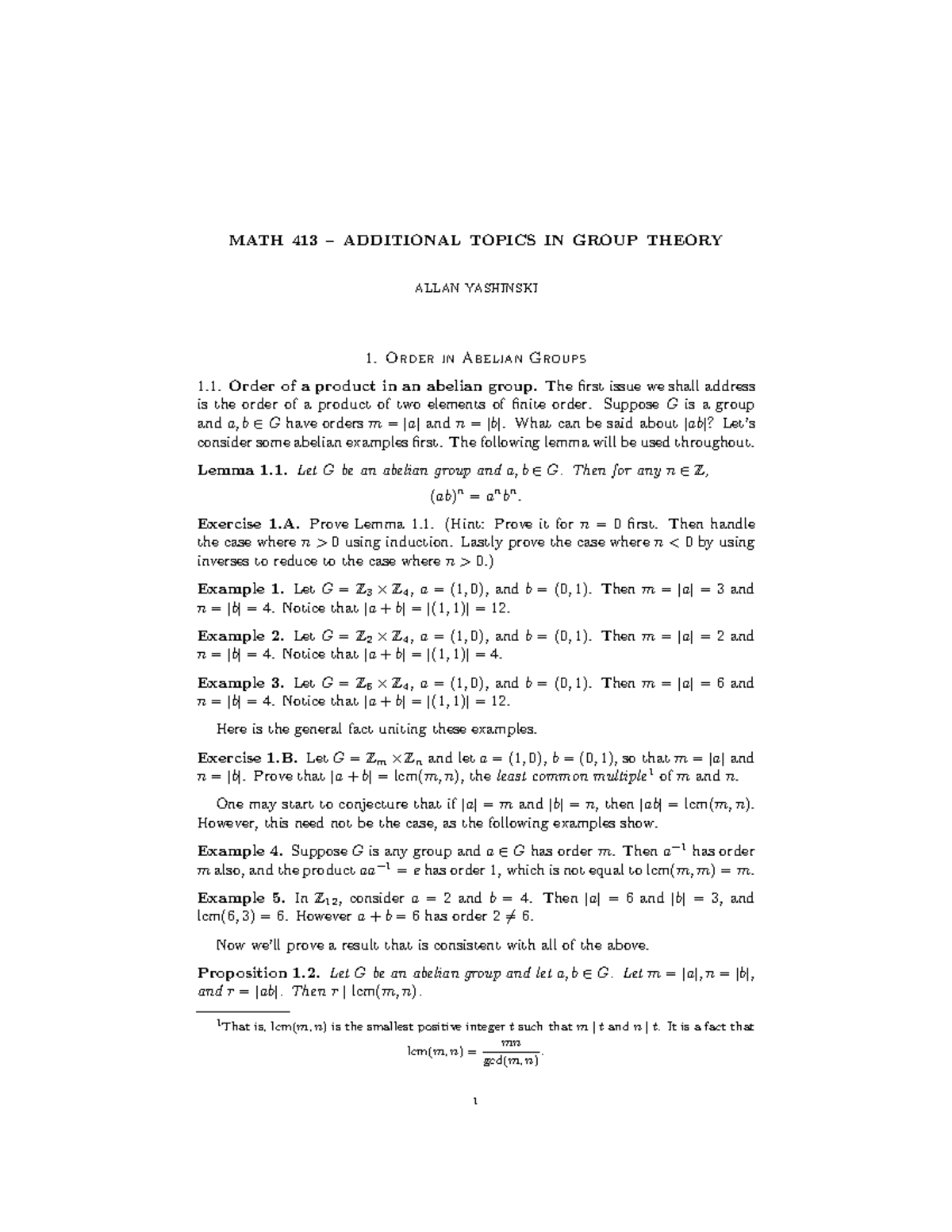 Additional Group Theory - MATH 413 – ADDITIONAL TOPICS IN GROUP THEORY ...
