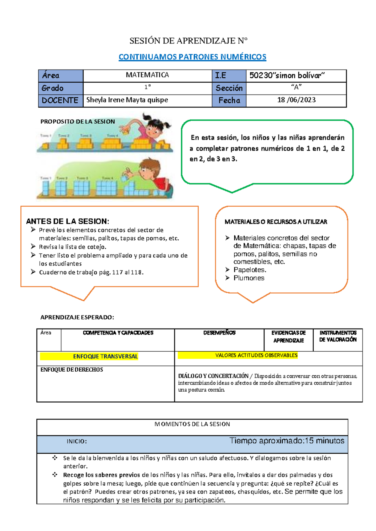 sesion de aprendizaje de patron numerico para primer grado - SESIÓN DE ...