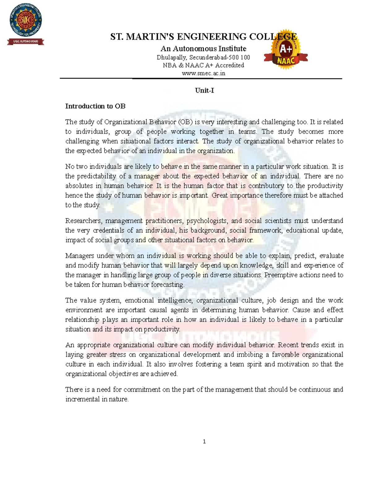 OB UNIT-1 - ORGNIAZATIONAL BEHAVIOUR - ST. MARTIN'S ENGINEERING COLLEGE ...