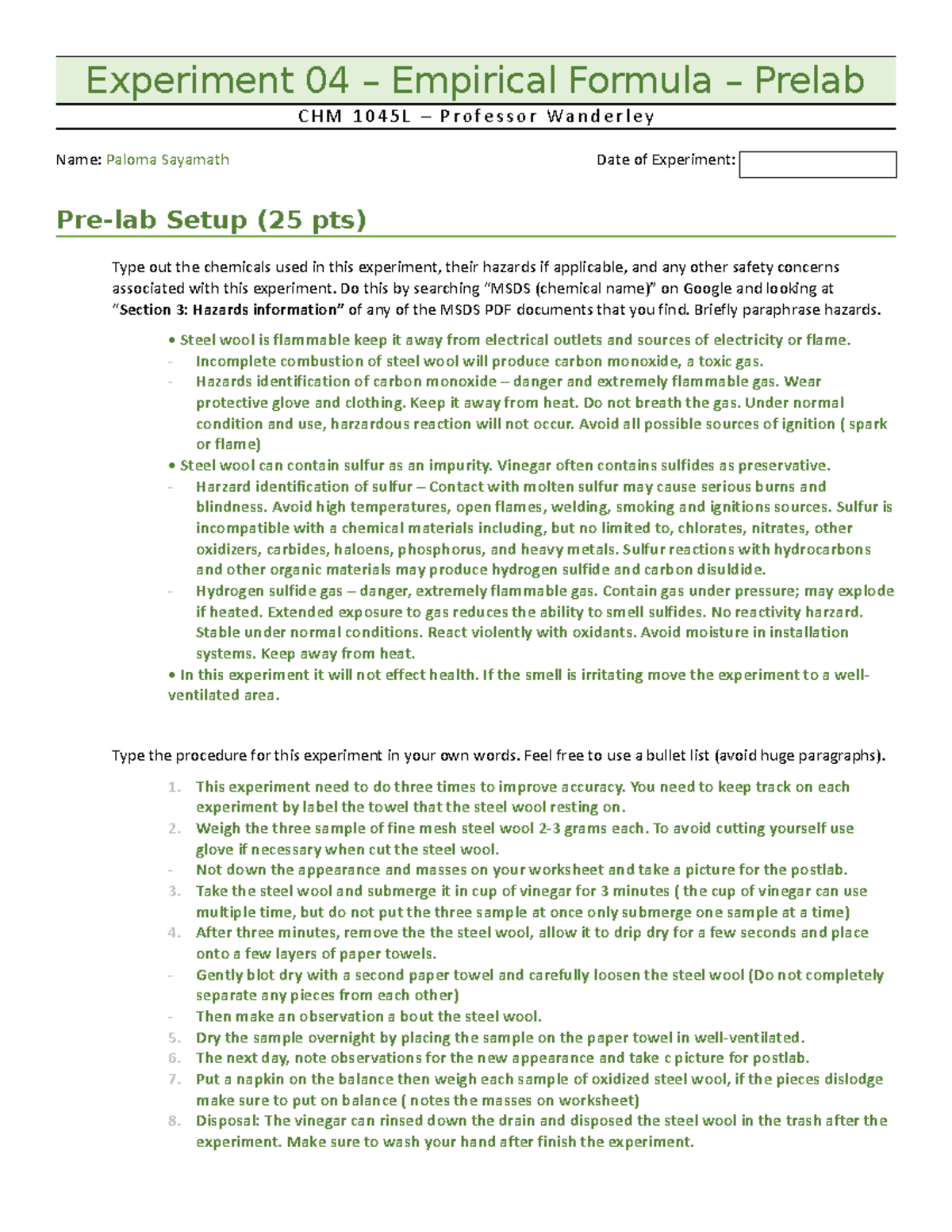 CHM1045L-Exp04-Empirical Worksheet (prelab) - Experiment 04 – Empirical Formula – Prelab C H M 1 ...