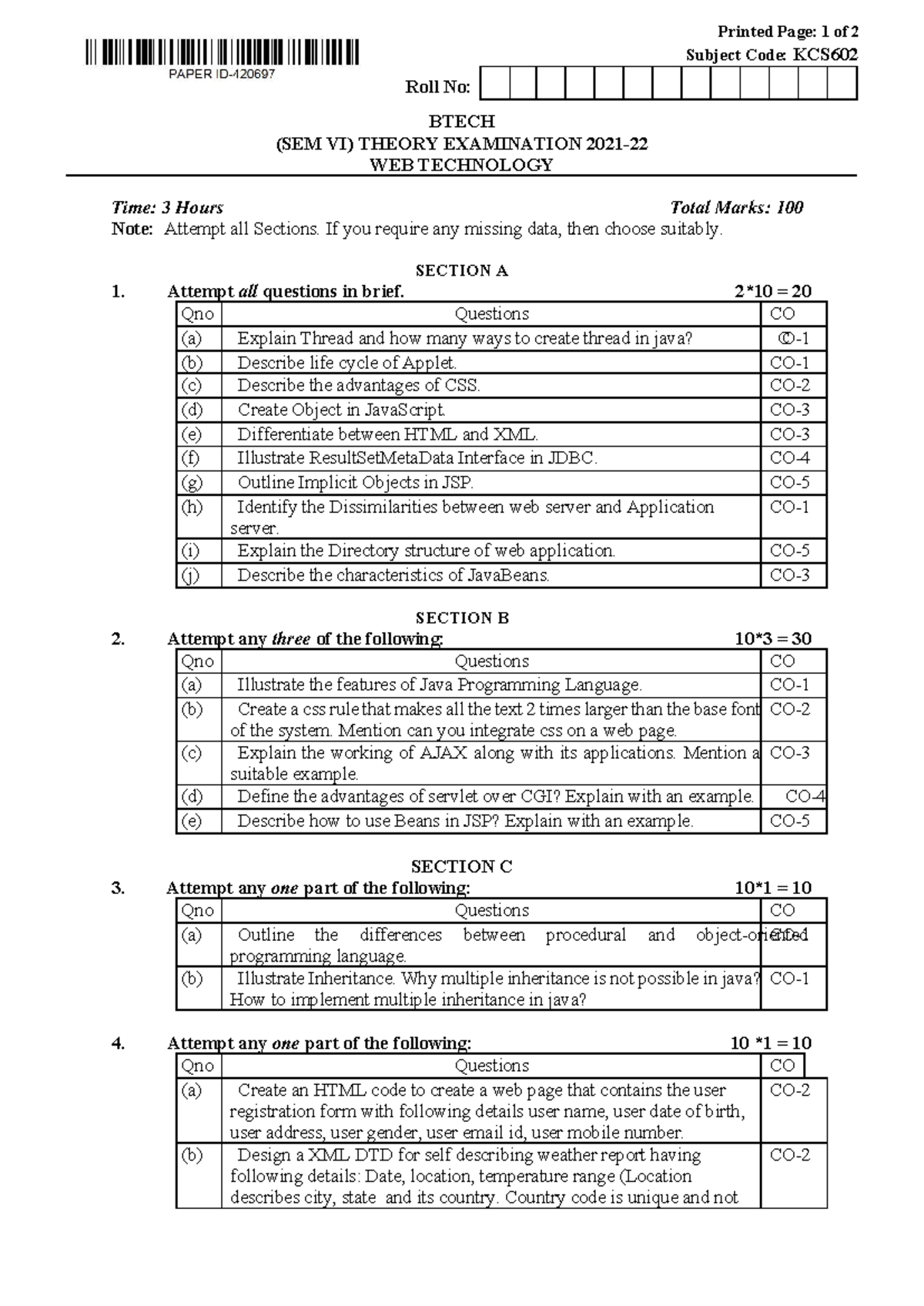 Web Technology All Papers - Printed Page: 1 of 2 Subject Code: KCS 0 ...