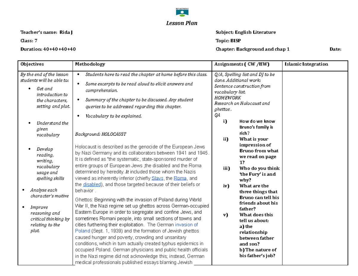 BSP chap 1 grade 7 - lesson plan - Lesson Plan Teacher’s name: Rida J ...