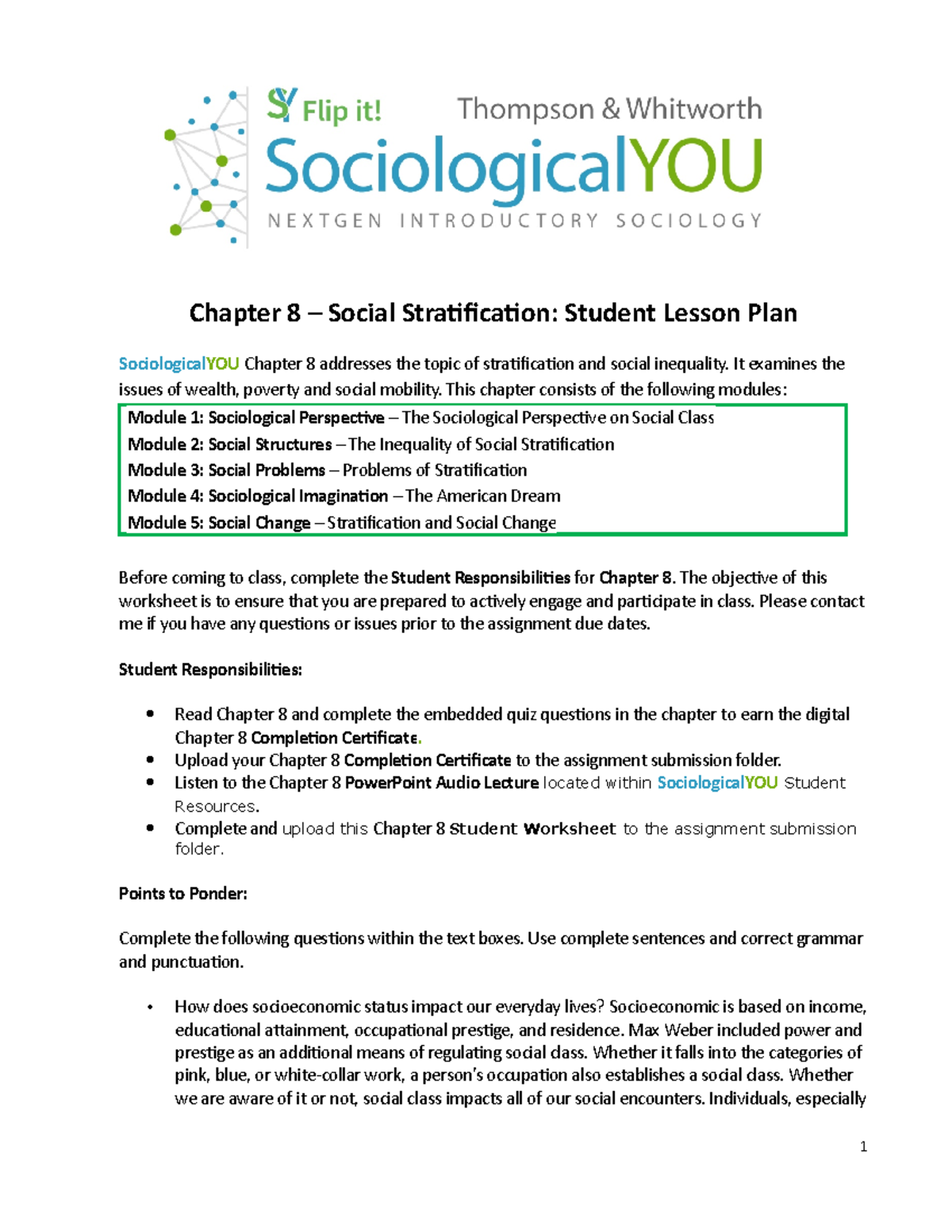 Chapter 8 Student Worksheet - Chapter 8 – Social Stratification ...