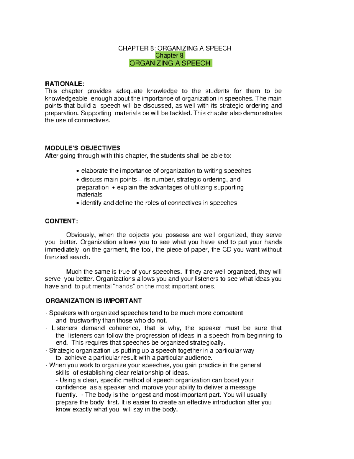 Chapter 8 Organizing a Speech 1 - CHAPTER 8: ORGANIZING A SPEECH ...