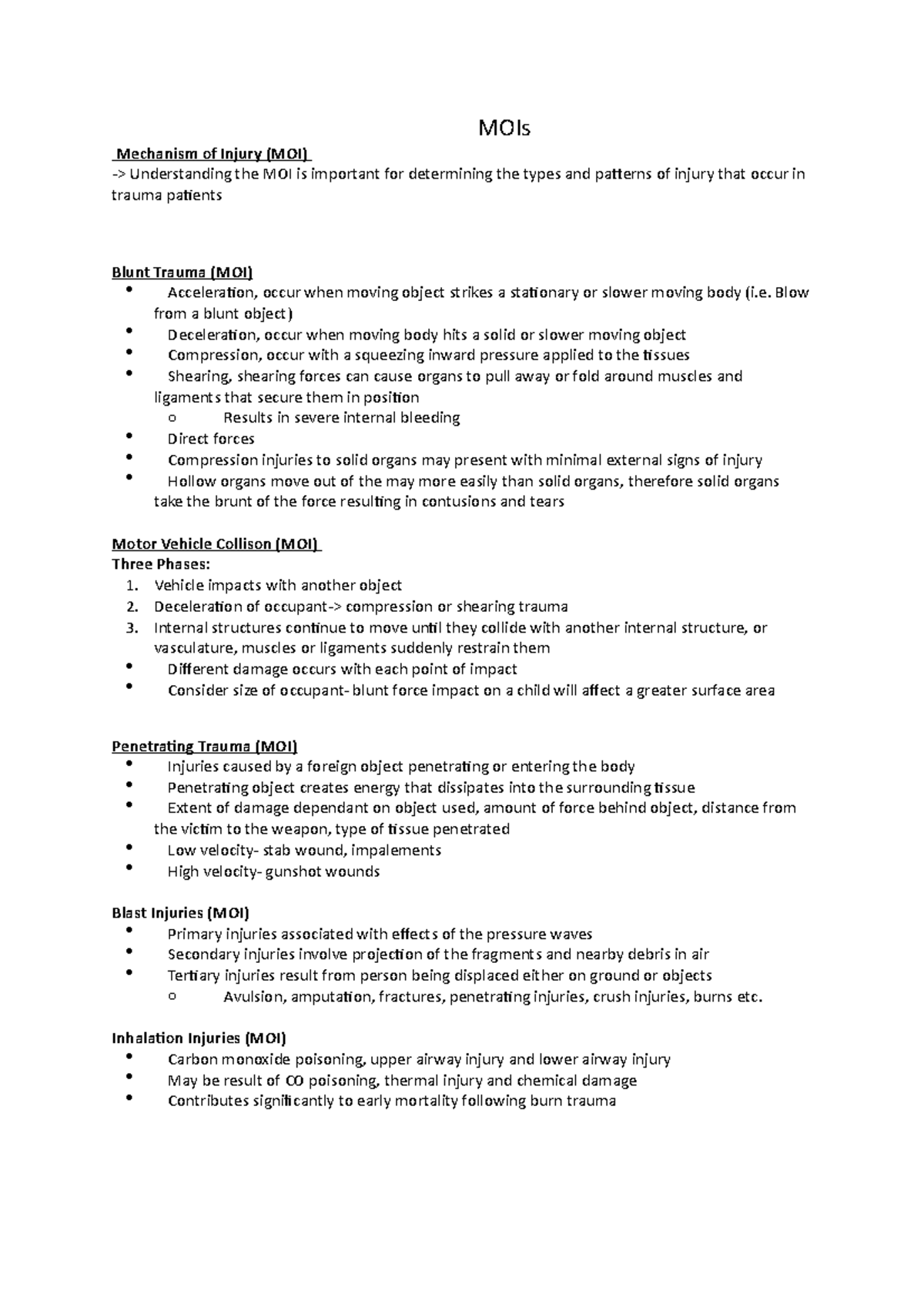 Mid Sem Quiz Notes - MOIs Mechanism of Injury (MOI) -> Understanding ...