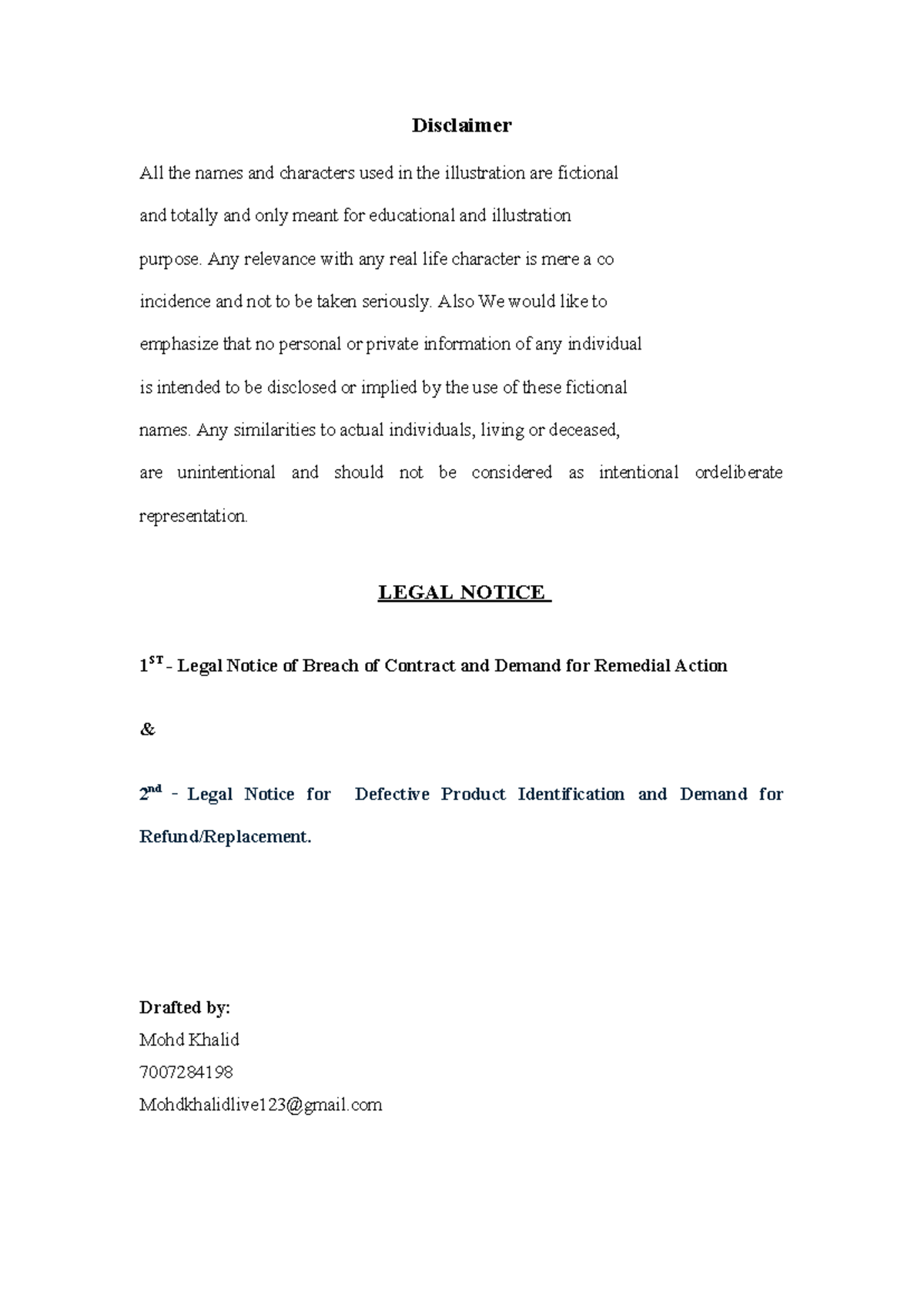 Mohd Khalid Legal Notice Task - Disclaimer All the names and characters ...
