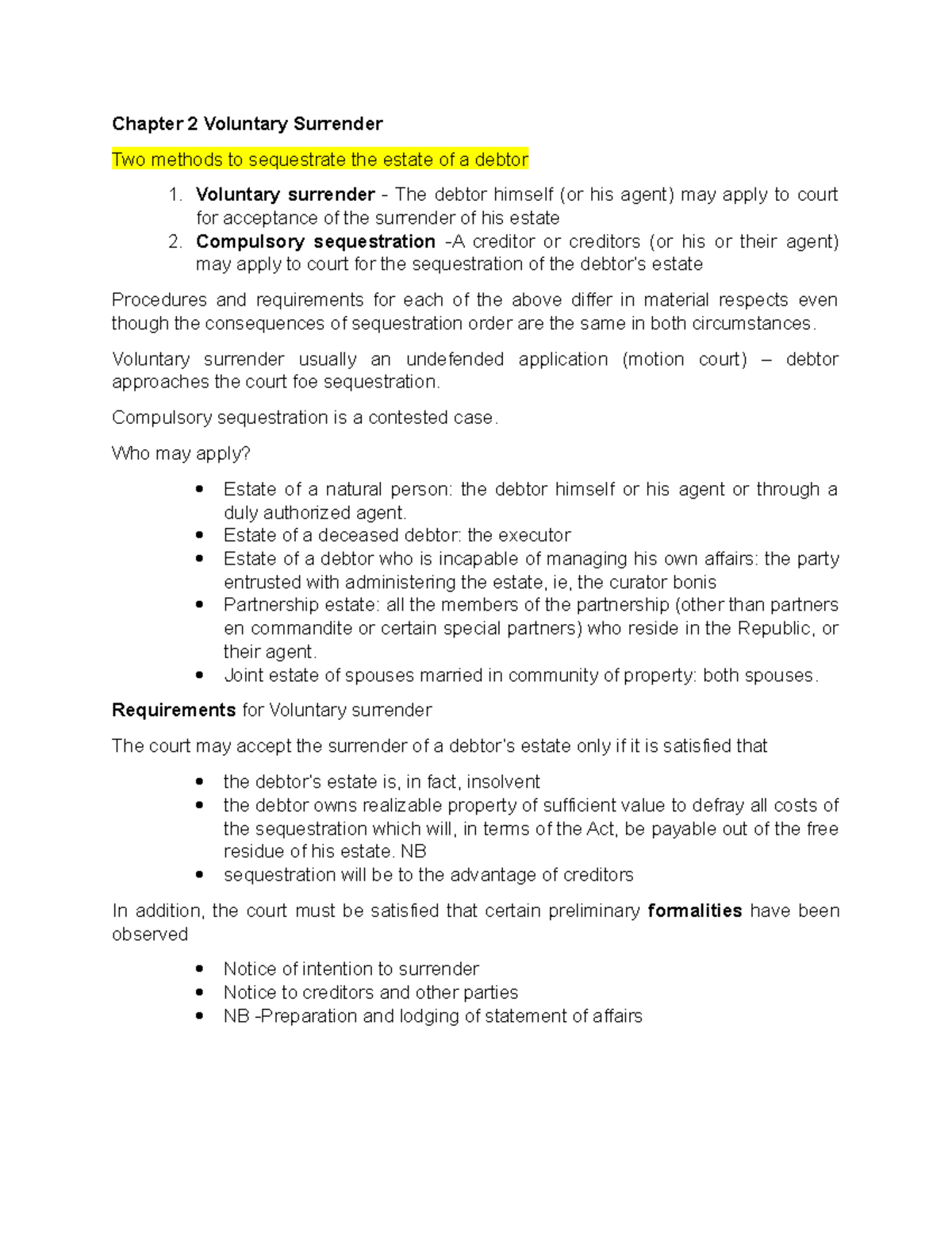 Chapter 2 Voluntary Surrender Part 1 - LILL4824 - UFS UV - Studocu