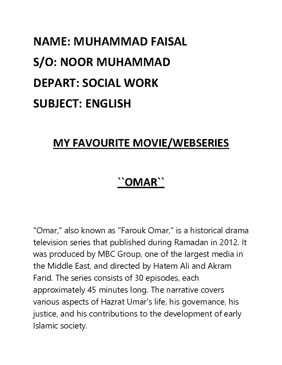 OMAR - OMER ABOUT - NAME: MUHAMMAD FAISAL S/O: NOOR MUHAMMAD DEPART ...
