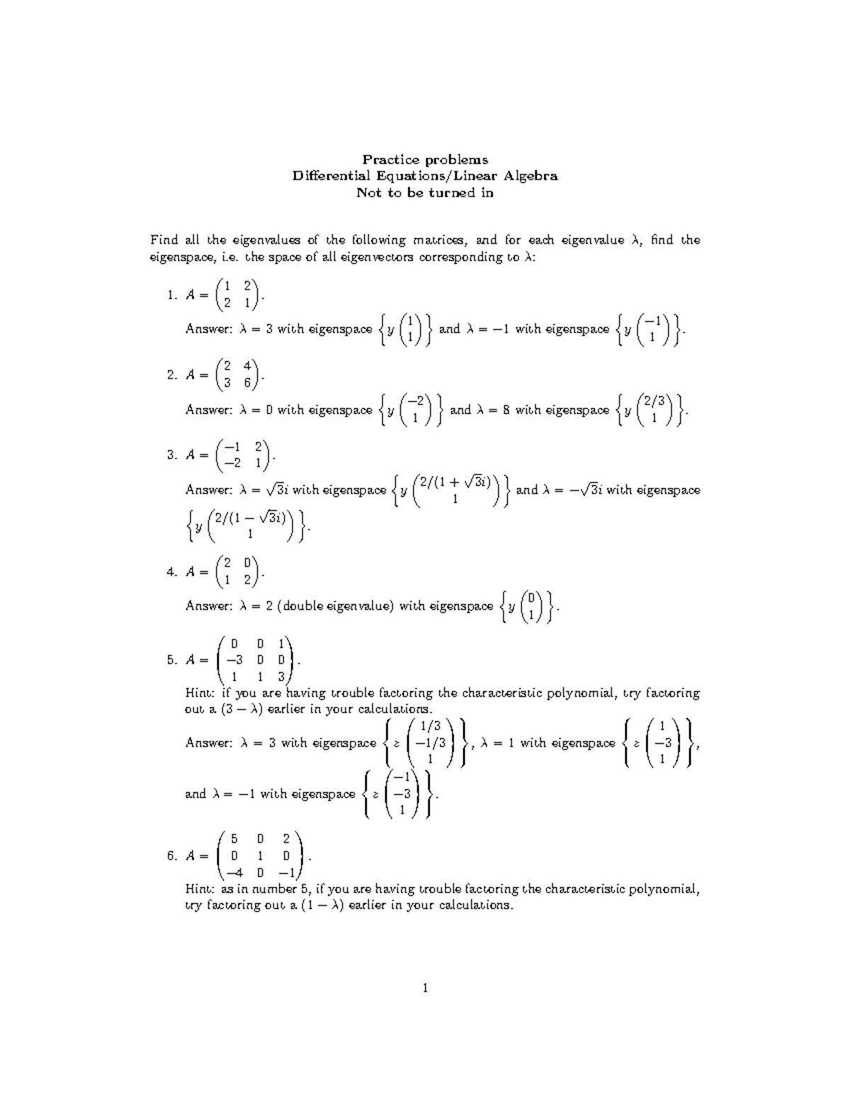 Eigenvalue Practice Problems - Practice problems Differential Equations/Linear Algebra Not to be ...