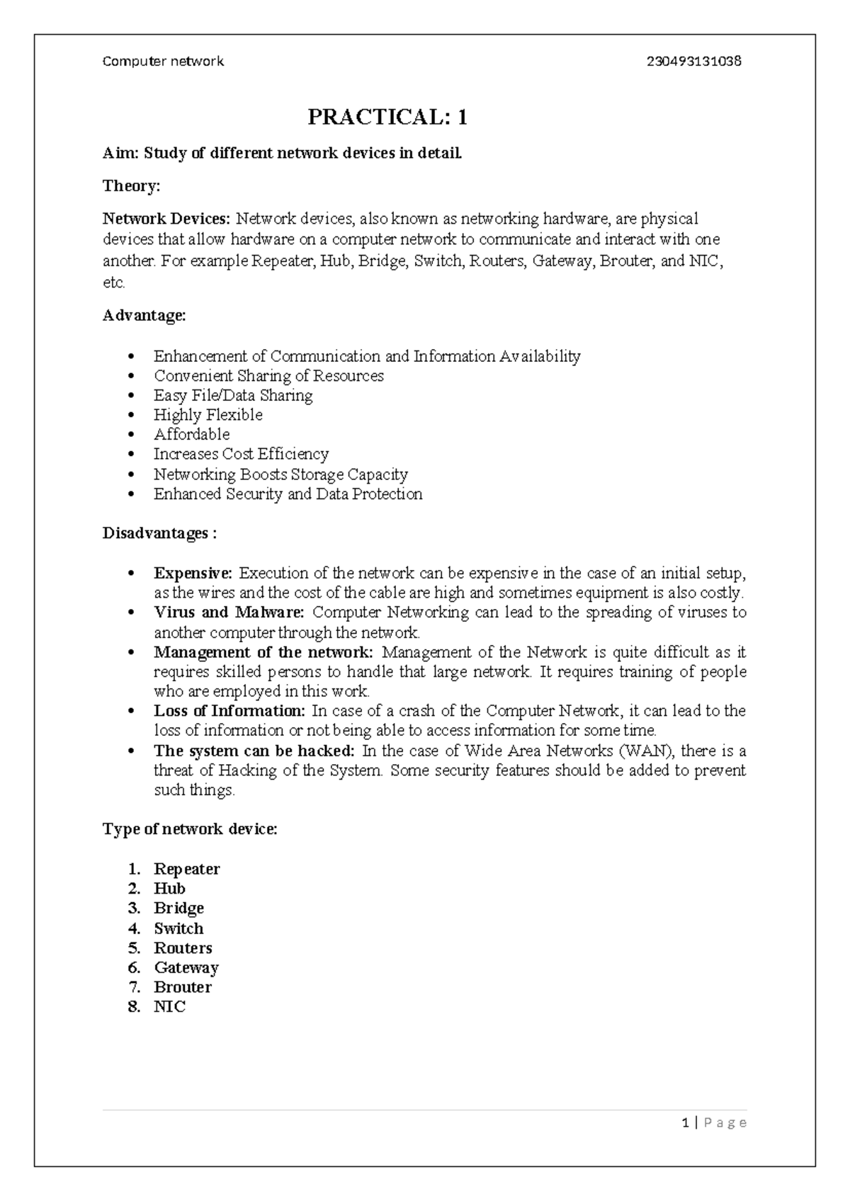 Practical 1 cn - hii - PRACTICAL: 1 Aim: Study of different network devices in detail. Theory ...