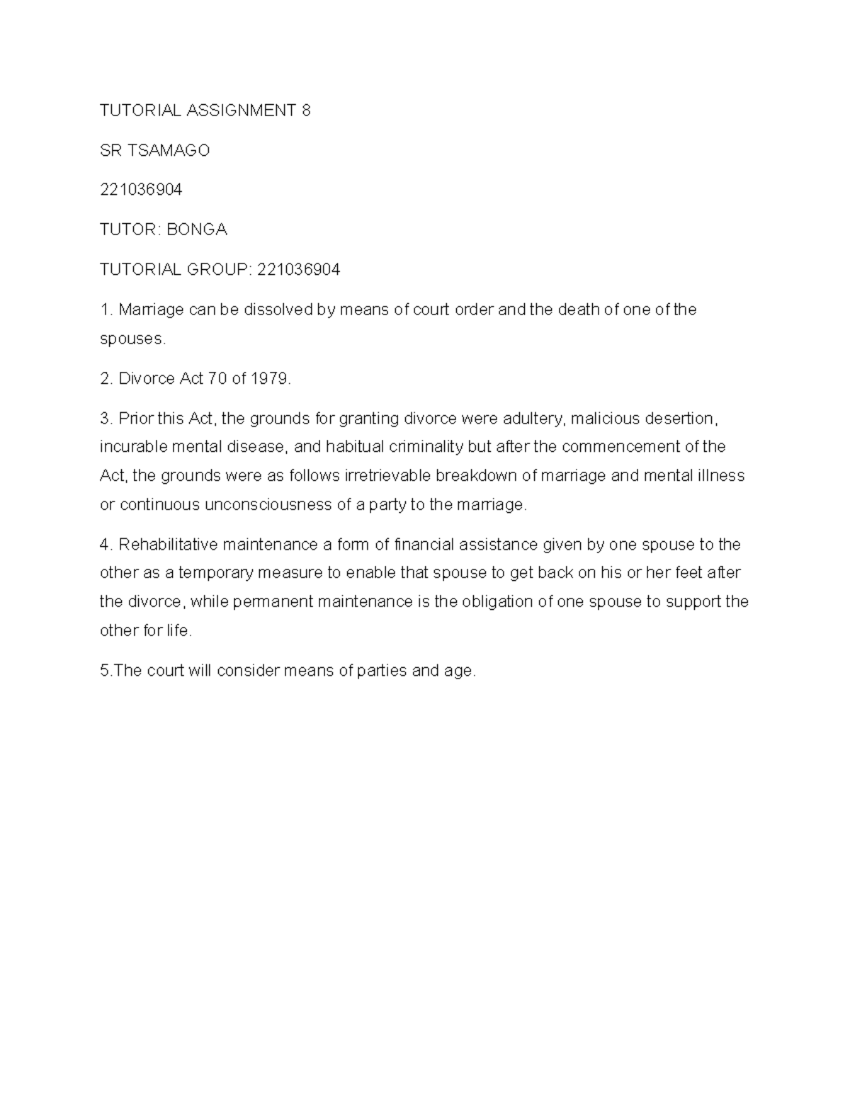 Tutorial Assignment 8 Family LAW - TUTORIAL ASSIGNMENT 8 SR TSAMAGO ...