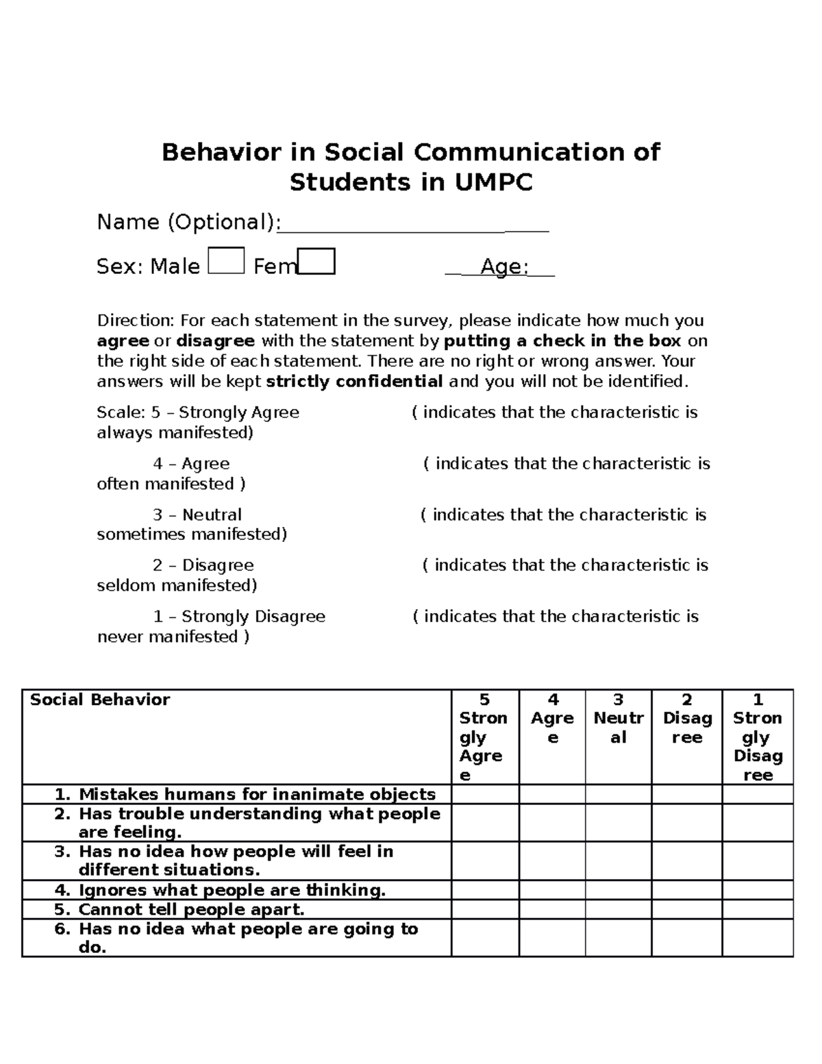 Questionnaire - Behavior in Social Communication of Students in UMPC ...
