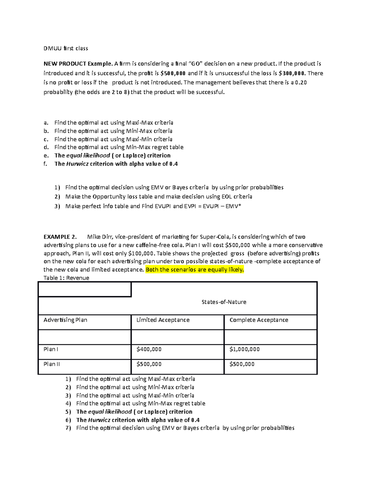 Optimal decision making in different scenarios - Studocu