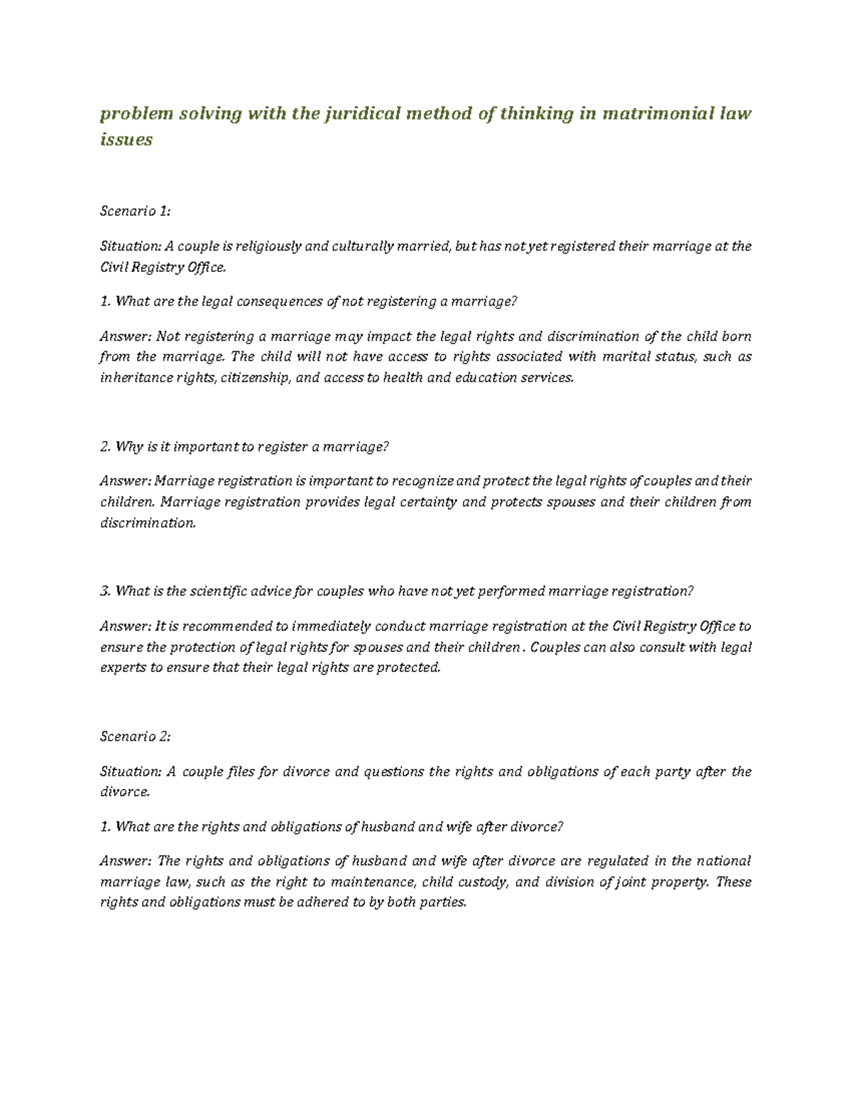 Family and matrimonial law case scenario 13 - problem solving with the ...