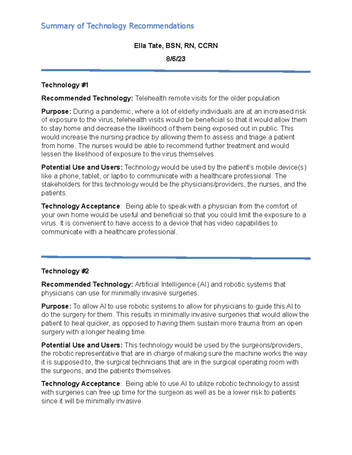 Technology Summary - Summary of Technology Recommendations Ella Tate ...