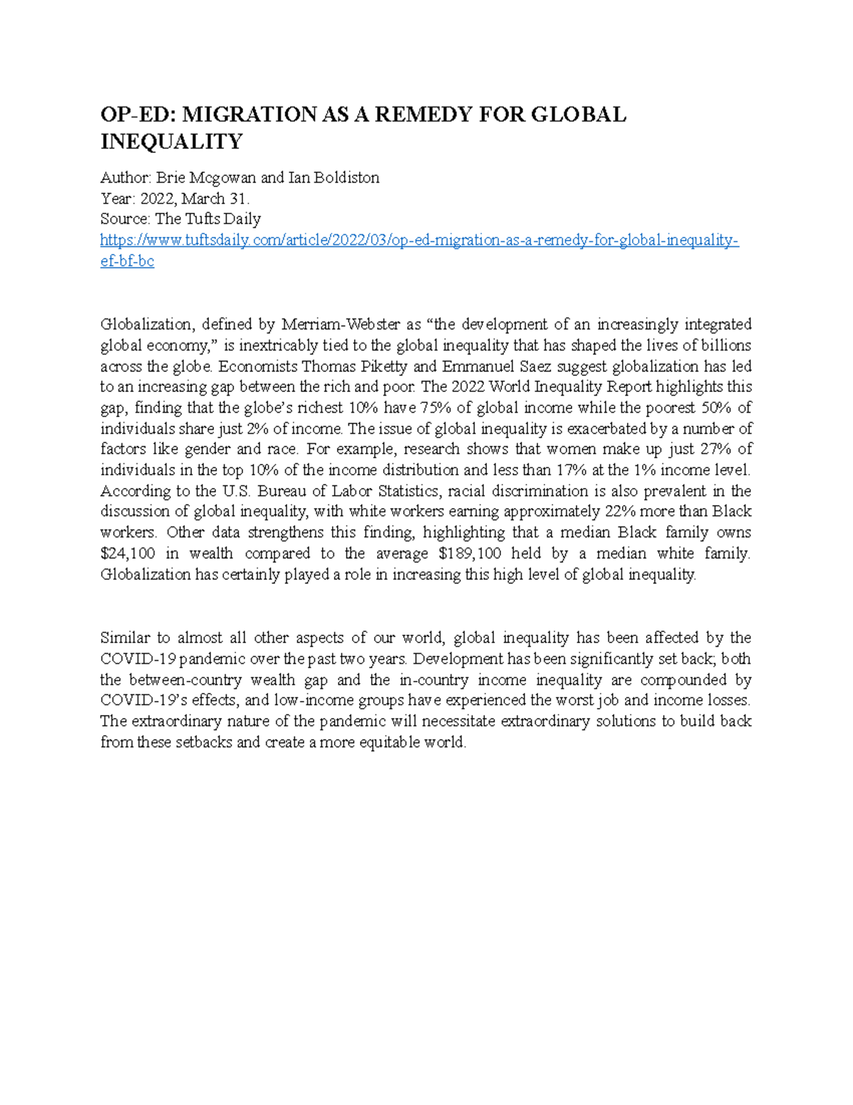 Op-ed about Globalization - OP-ED: MIGRATION AS A REMEDY FOR GLOBAL ...