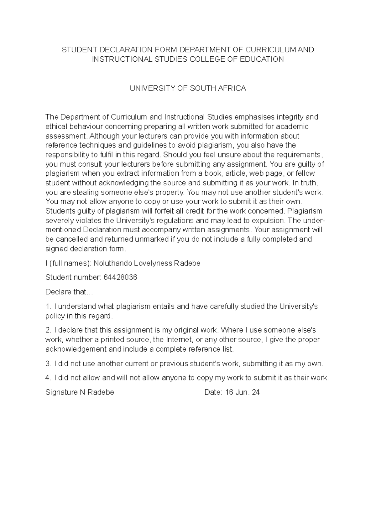 Aed assignment 2 - STUDENT DECLARATION FORM DEPARTMENT OF CURRICULUM AND INSTRUCTIONAL STUDIES ...