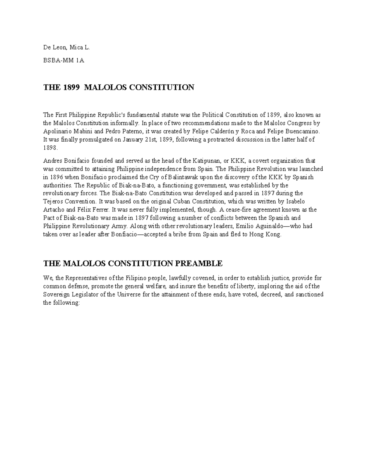 1899 Malolos Constitution - De Leon, Mica L. BSBA-MM 1A THE 1899 ...