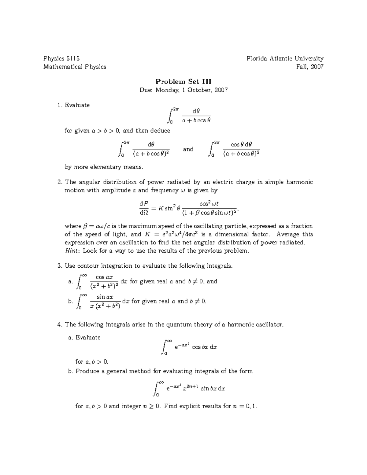 Problem set 3 - Homework - Physics 5115 Florida Atlantic University ...
