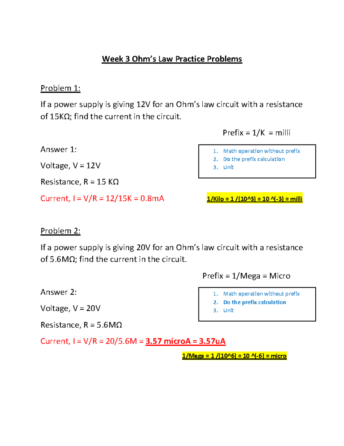 Week 3 Ohms Law Problems - Week 3 Ohm’s Law Practice Problems Problem 1 ...