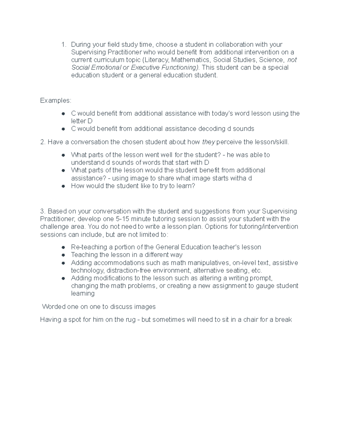 Tutoring Project outline - During your field study time, choose a ...
