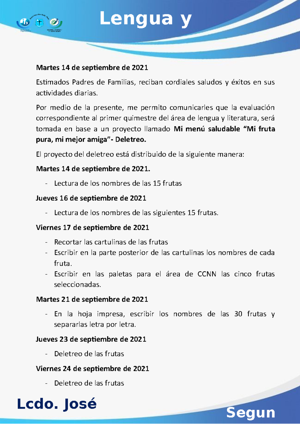 Comunicación PPFF Deletreo 2021 - Martes 14 de septiembre de 2021 ...