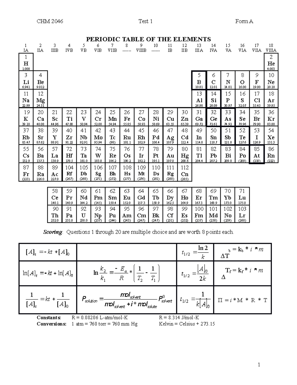 2046 Test 1 Cover Sheet - CHM 2046 Test 1 Form A PERIODIC TABLE OF THE ...