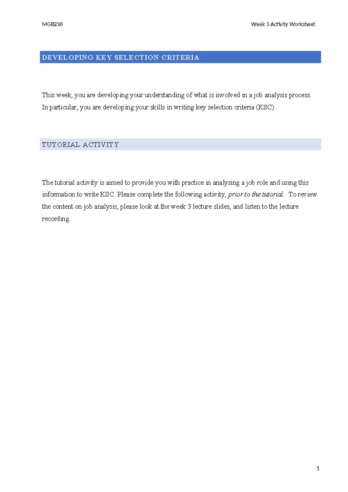 Week 3 Tutorial Activity Worksheet-1 - DEVELOPING KEY SELECTION ...