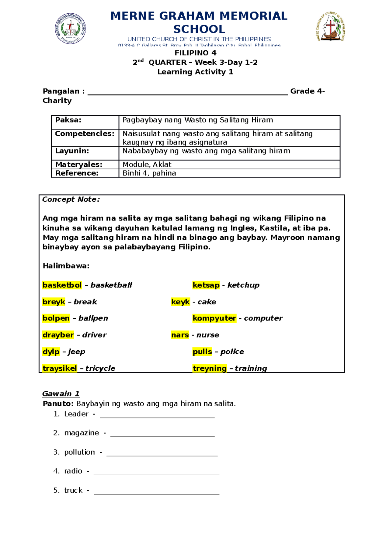 Filipino 4 Q2-w2 - msnAD - FILIPINO 4 2 nd QUARTER – Week 3-Day 1- Learning Activity 1 Pangalan ...