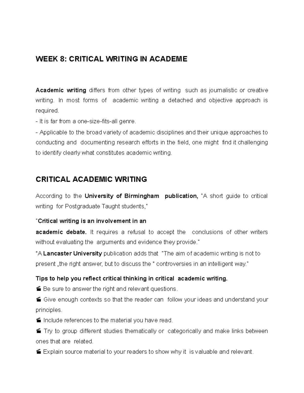 Week 8 crwt - midterms notes - WEEK 8: CRITICAL WRITING IN ACADEME ...