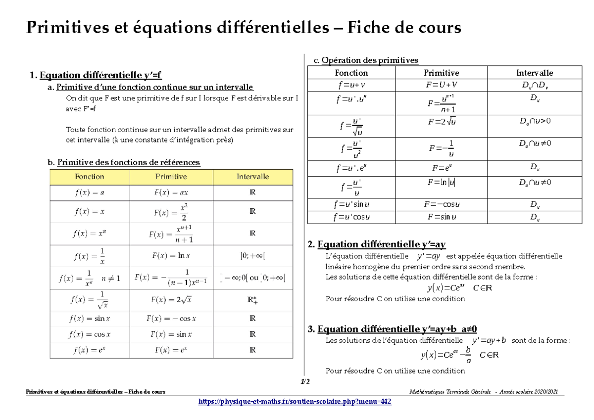 Primitives equations differentielles fiche cours - Primitives et équations différentielles ...