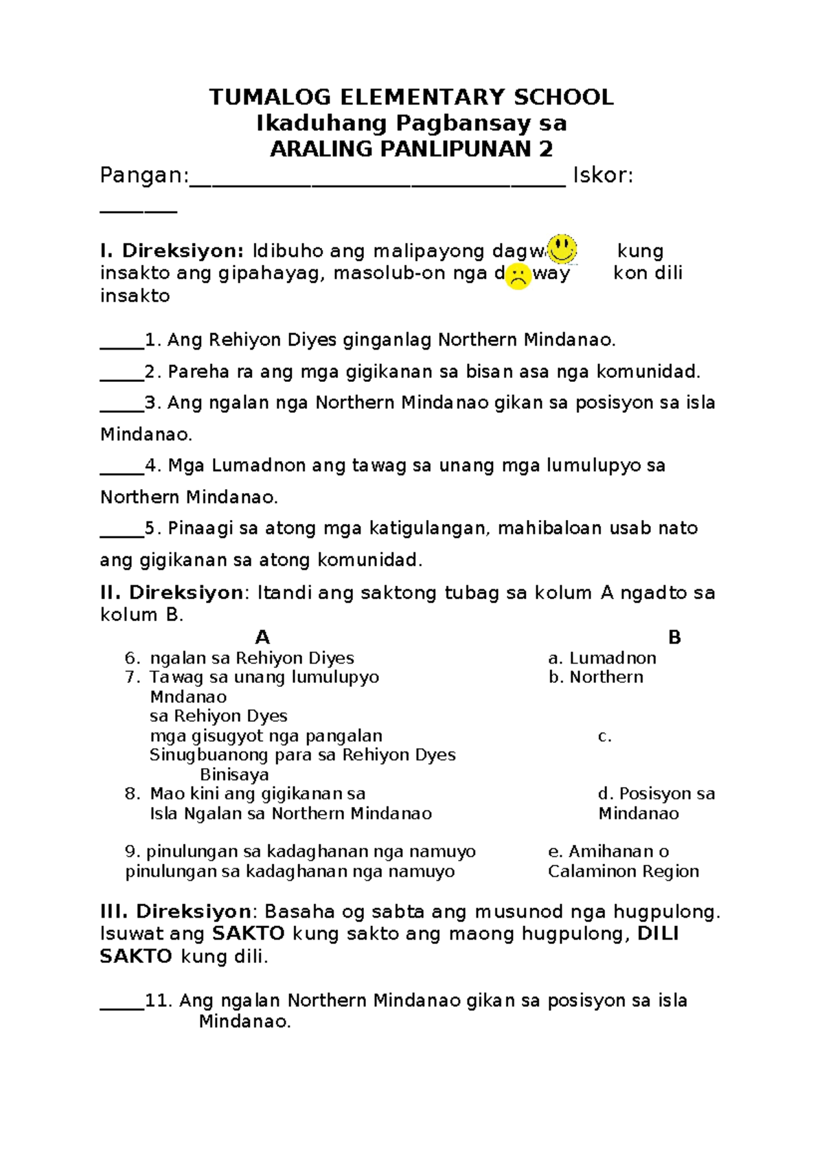 AP2 2nd Q PT - TUMALOG ELEMENTARY SCHOOL Ikaduhang Pagbansay sa ARALING PANLIPUNAN 2 - Studocu