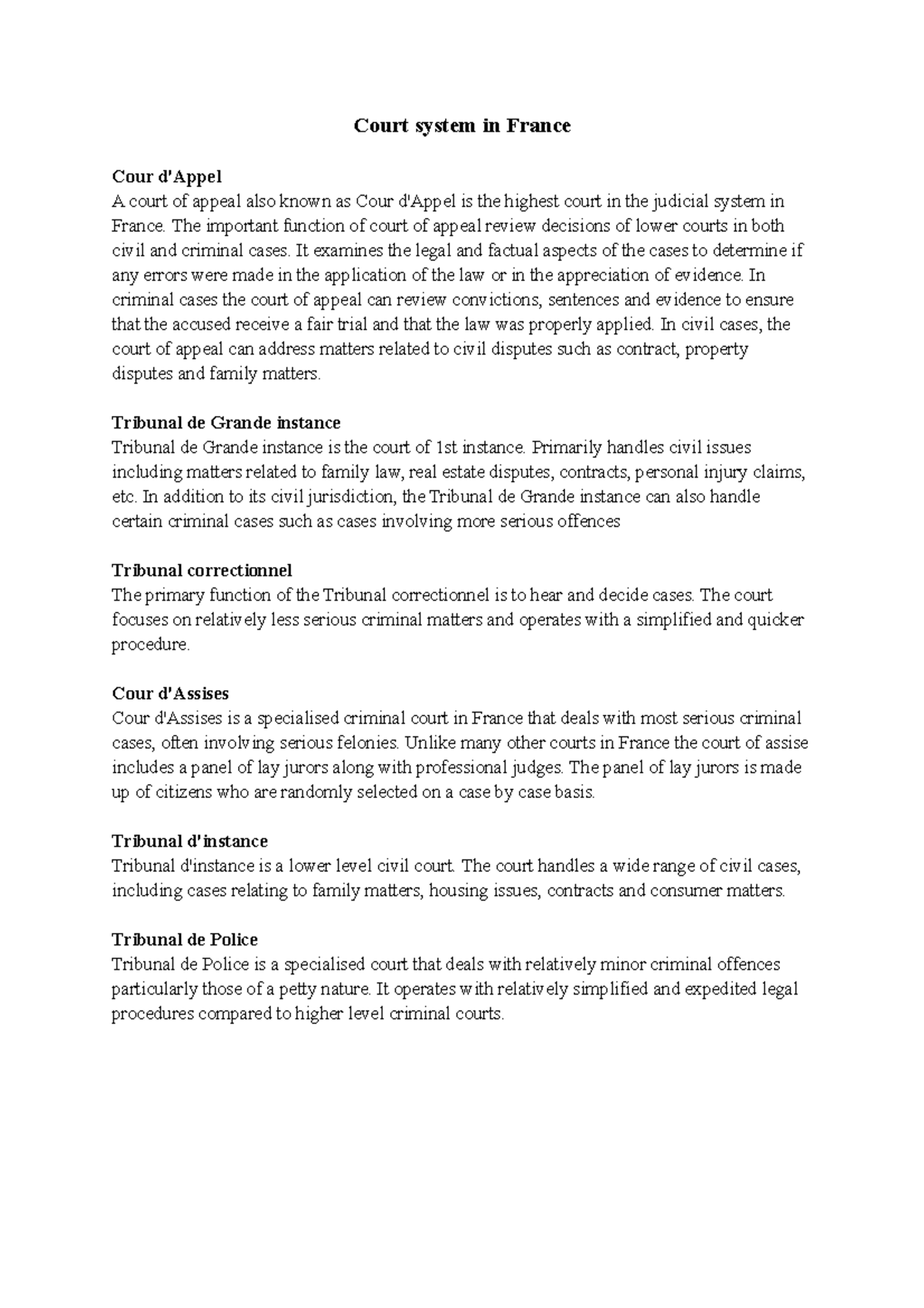 Court system in France - LECTURE NOTES - Court system in France Cour d ...