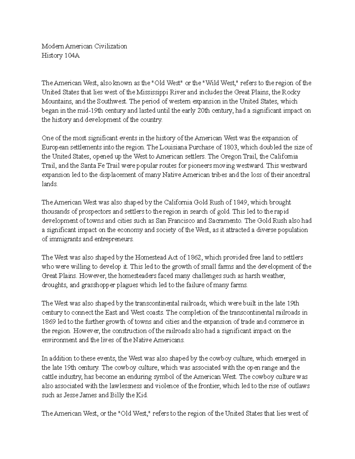 The west notes - Dr. Chelsea Gibson - Modern American Civilization ...