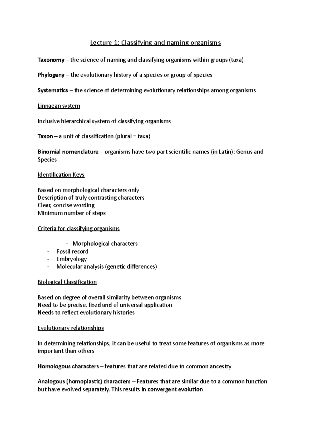 Lec 142 Notes Lecture 1 Classifying And Naming Organisms Taxonomy