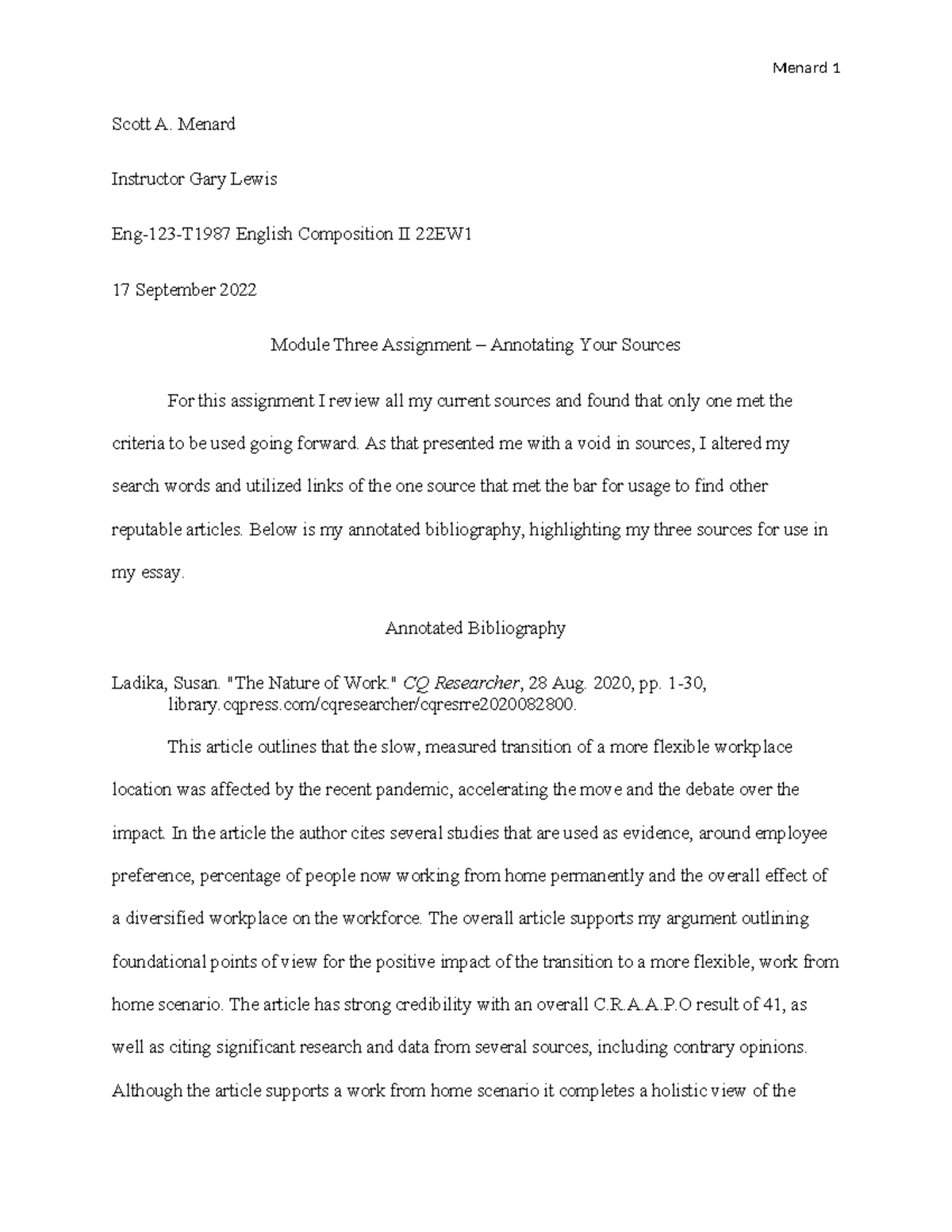 Module 3 - Annotating Sources - Menard 1 Scott A. Menard Instructor ...