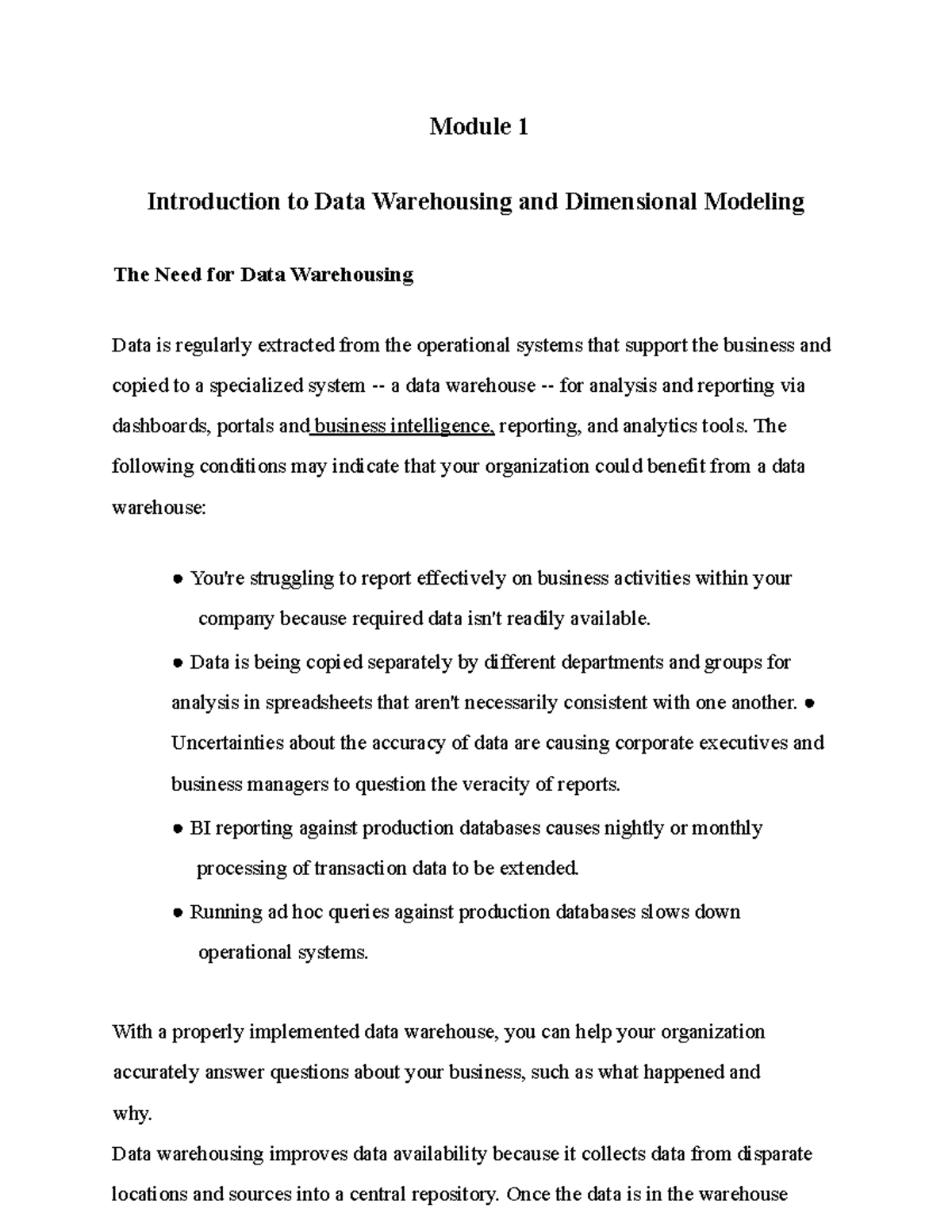 Module 1 Introduction To Data Warehousing And Dimensional Modeling Doc The Following