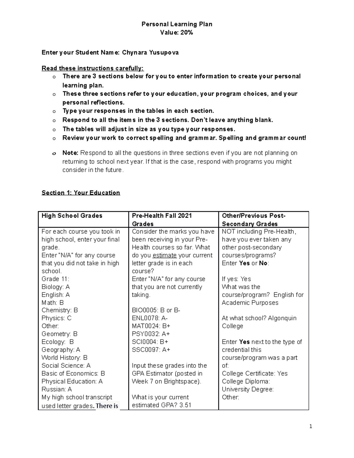 Personal Learning Plan Instructions and Worksheet Fall 2021 - Value: 20 ...