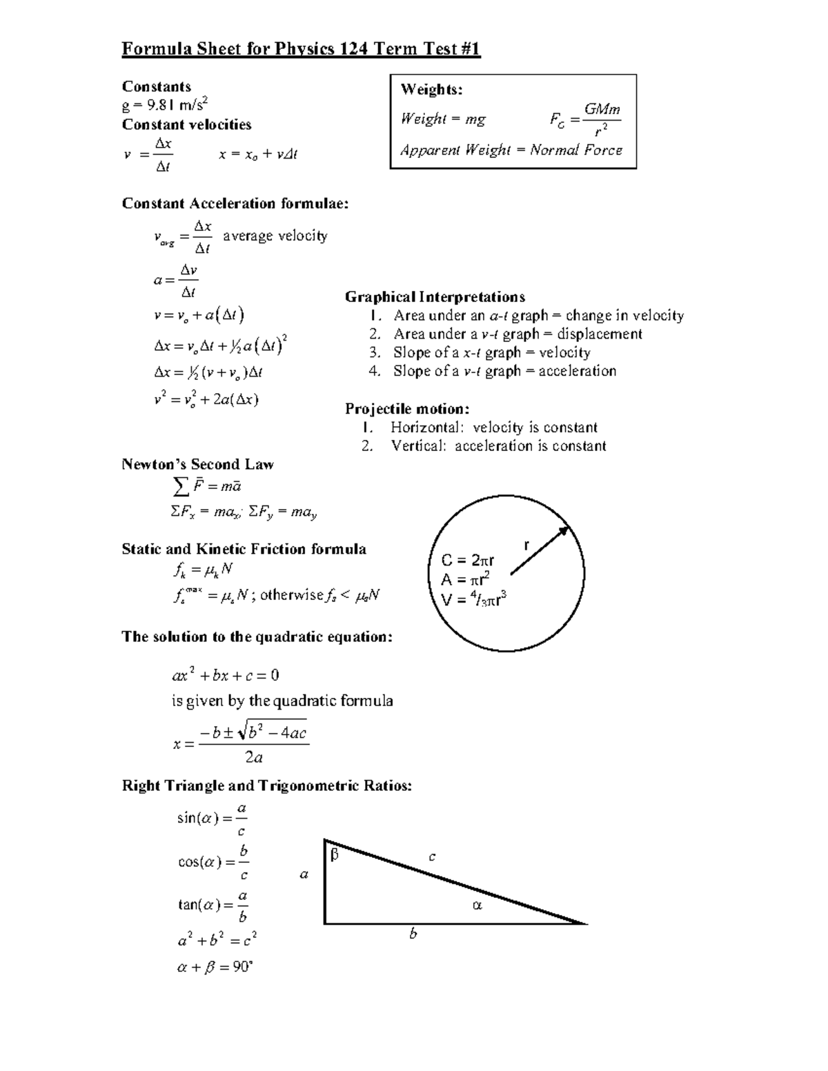 Formula Sheet 1 - Hehe :) - Formula Sheet for Physics 124 Term Test ...