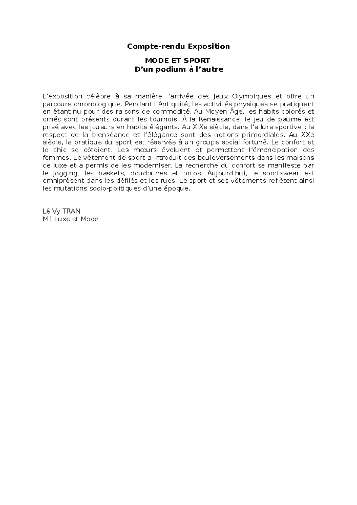 Compte-rendu Exposition - Mode et Sport - Compte-rendu Exposition MODE ...