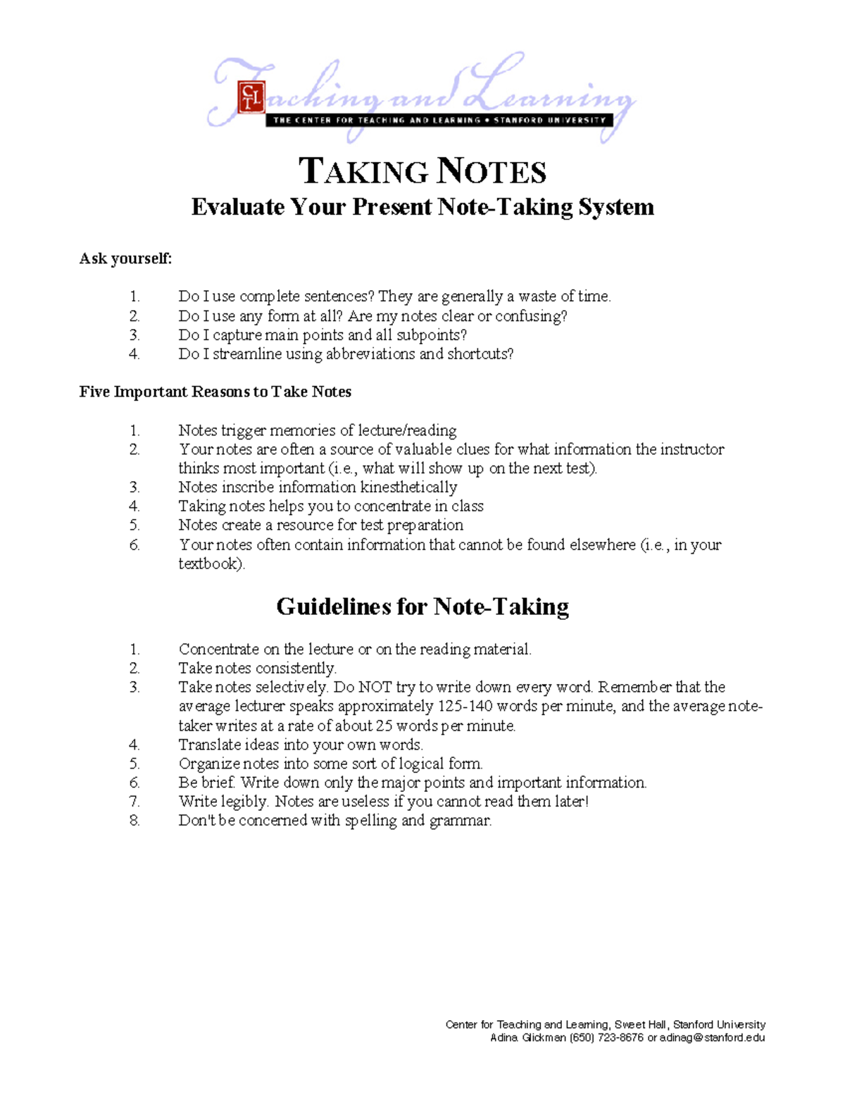 Taking notes-guidelines - Center for Teaching and Learning, Sweet Hall ...