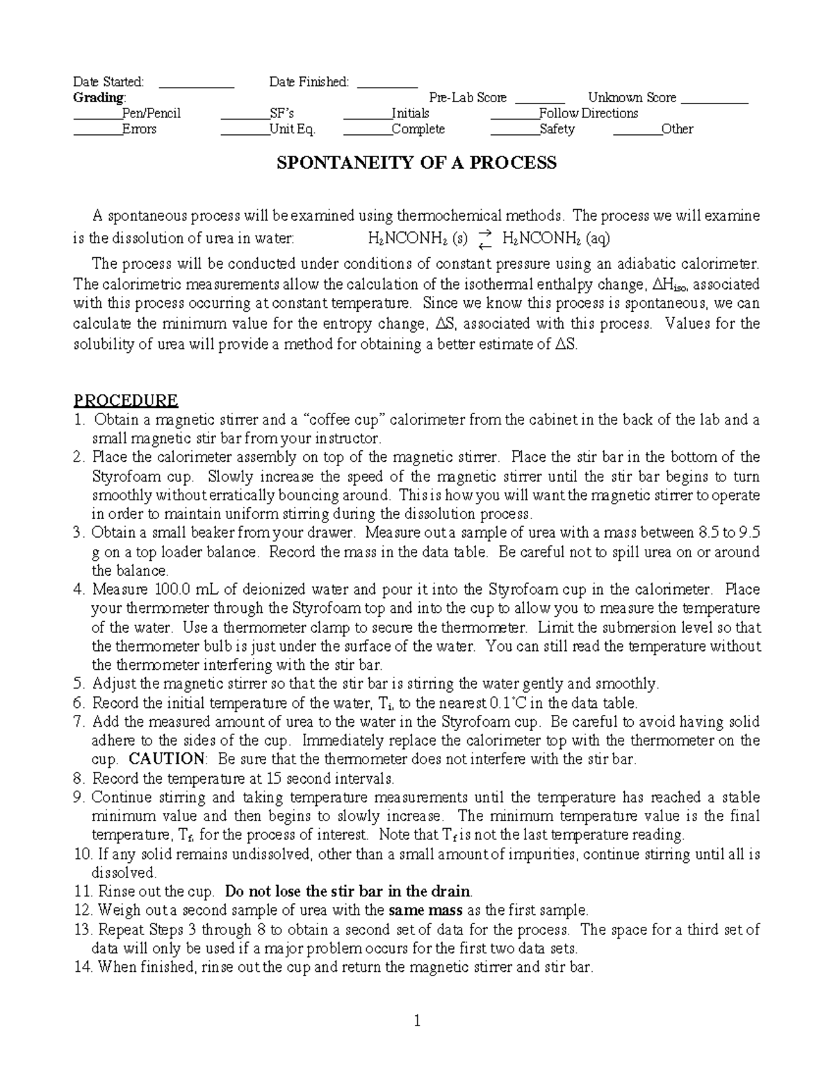 Spontaneity of a Process Online - Date Started: ___________ Date ...