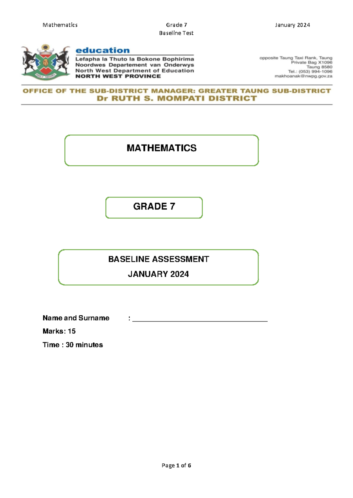 Maths Grade 7 Baseline 2024 TERM 1 - Baseline Test Name and Surname ...