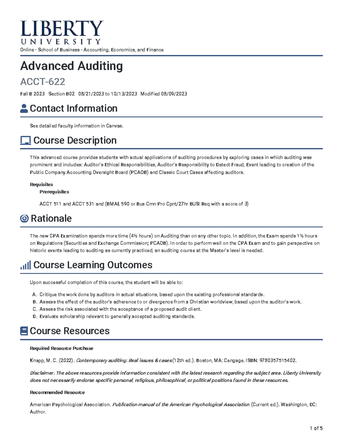 Advanced Auditing ACCT 622 Fall B 2023 - Contact Information See ...