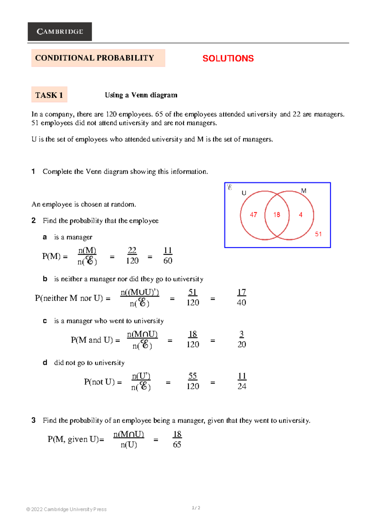 Venn diagrams and two way tables Solutions - © 2022 Cambridge ...