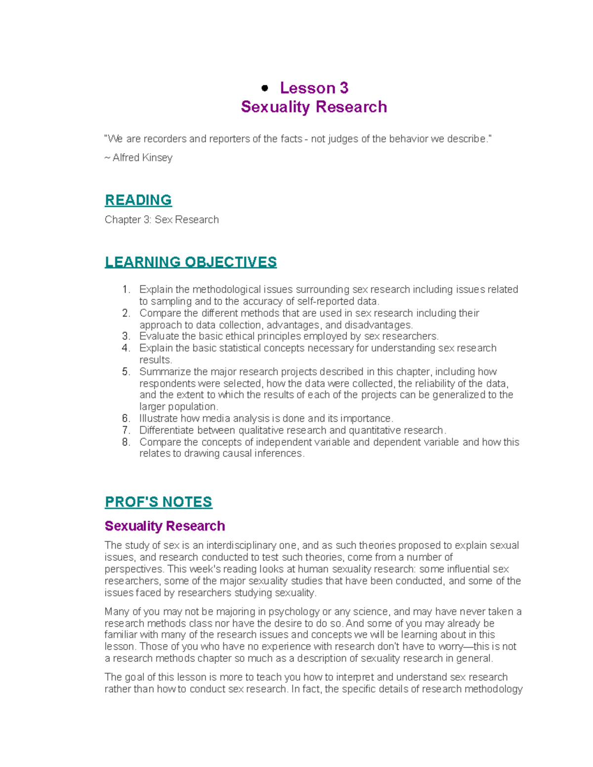 Chapter 3 - Lesson 3 Sexuality Research “We are recorders and reporters ...