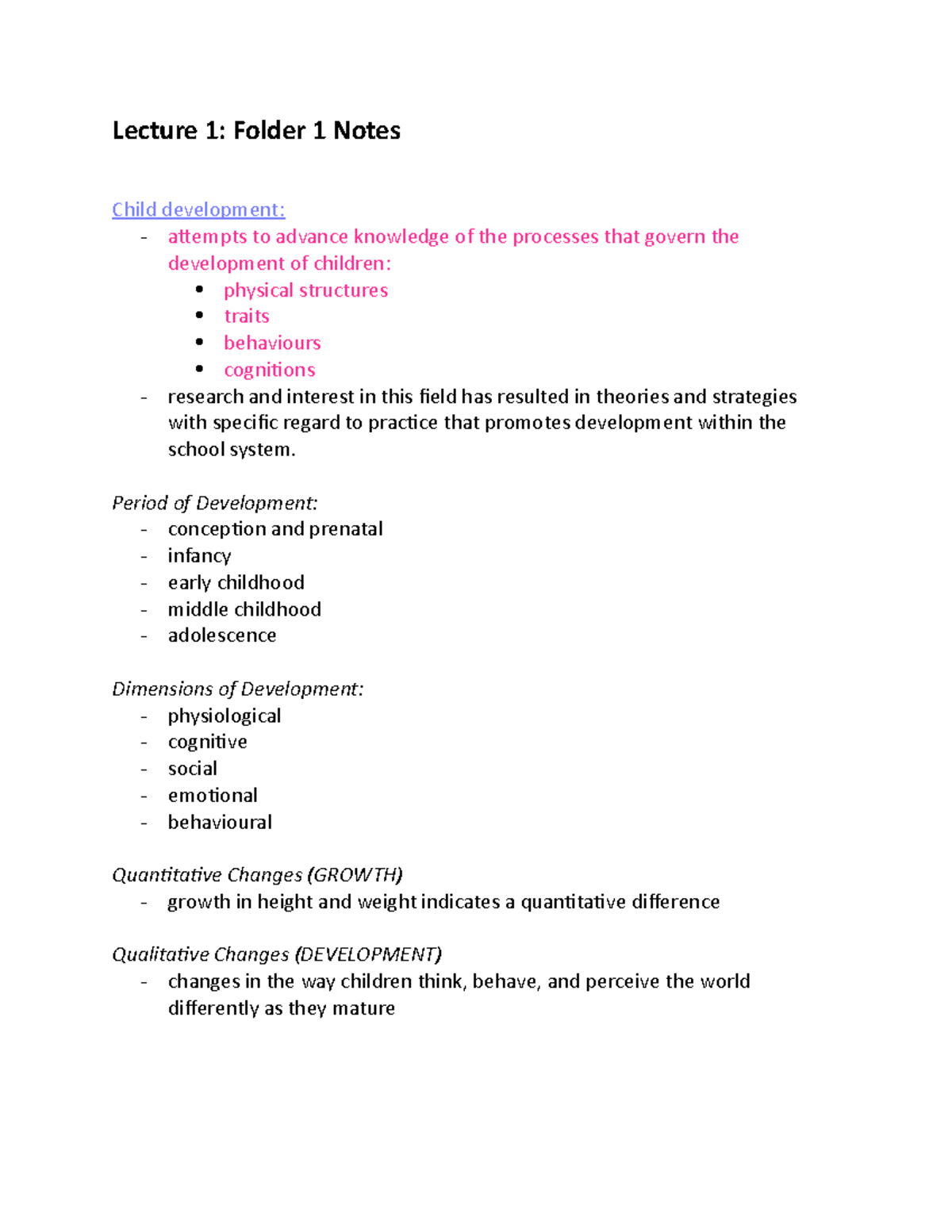 Lecture 1 - notes - Lecture 1: Folder 1 Notes Child development ...