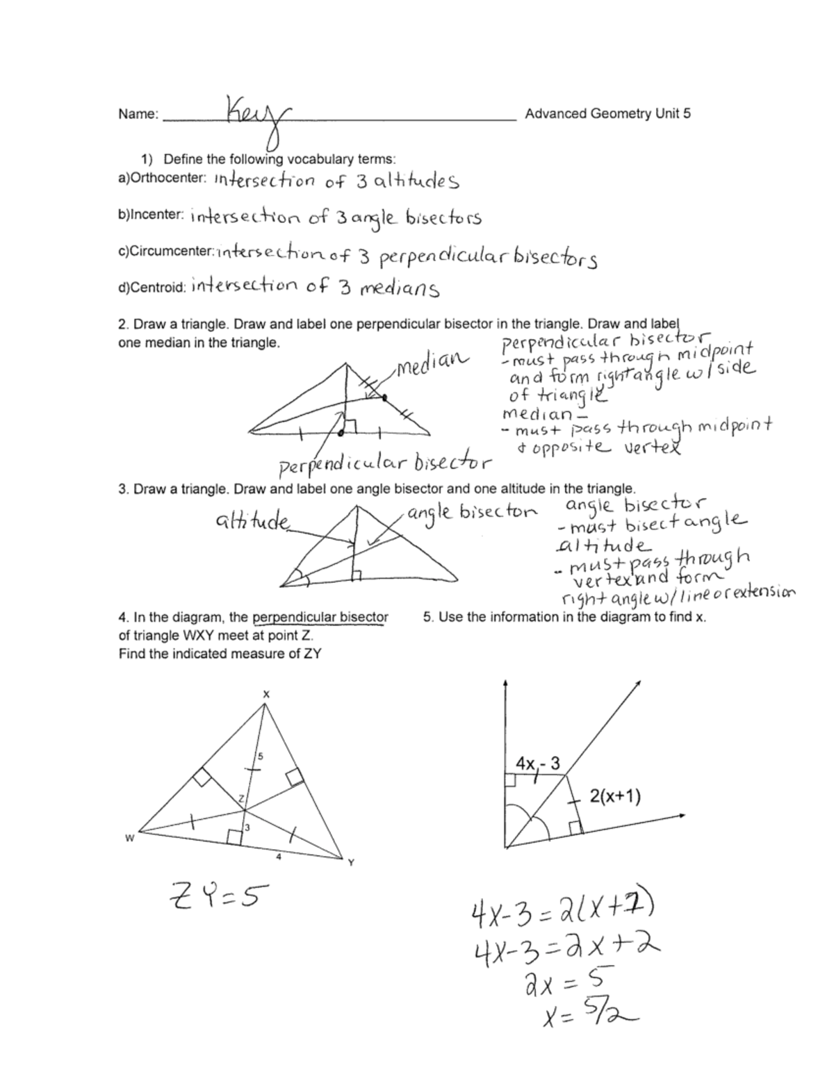 Open Unit 5 Review Key - hey - Name: Key Advanced Geometry Unit 5 1 ...