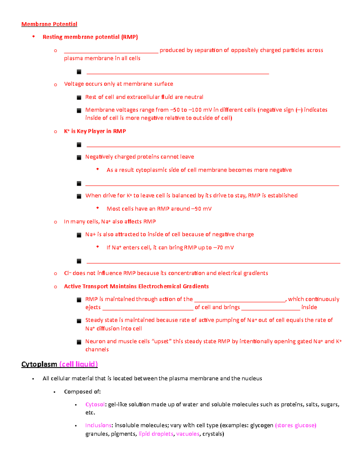 Cytology - Part 2 - Intro notes - Membrane Poten,al Res,ng membrane ...